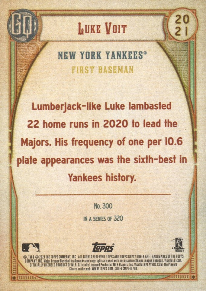 2021 Topps Gypsy Queen #300 Luke Voit New York Yankees FREE SHIP | eBay