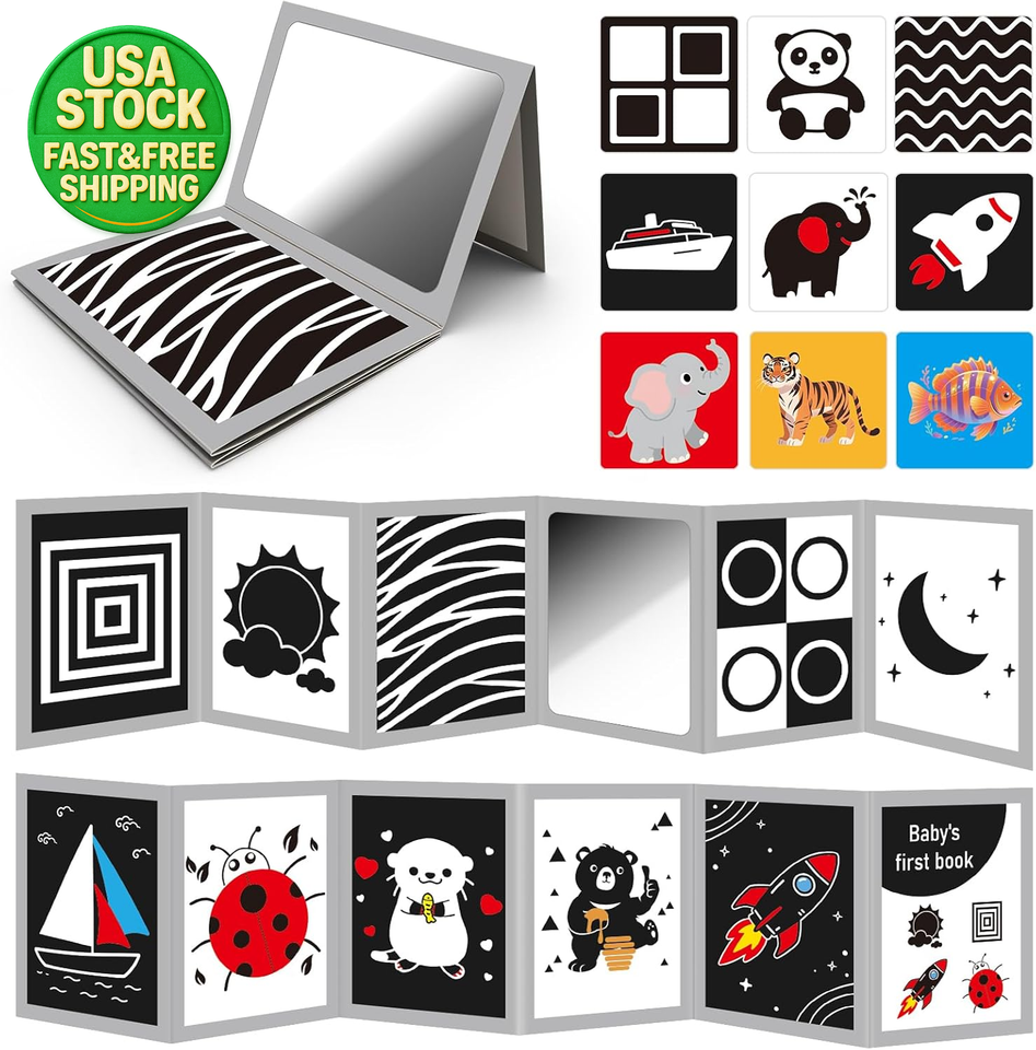 Tummy Time Toys Baby Mirror High Contrast Cards Book Visual Stimulation ...
