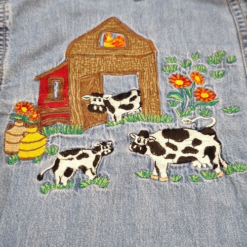 Cottage Core Embroidered Cow Barn Chicken Sunflowers Denim Shirt Med ...
