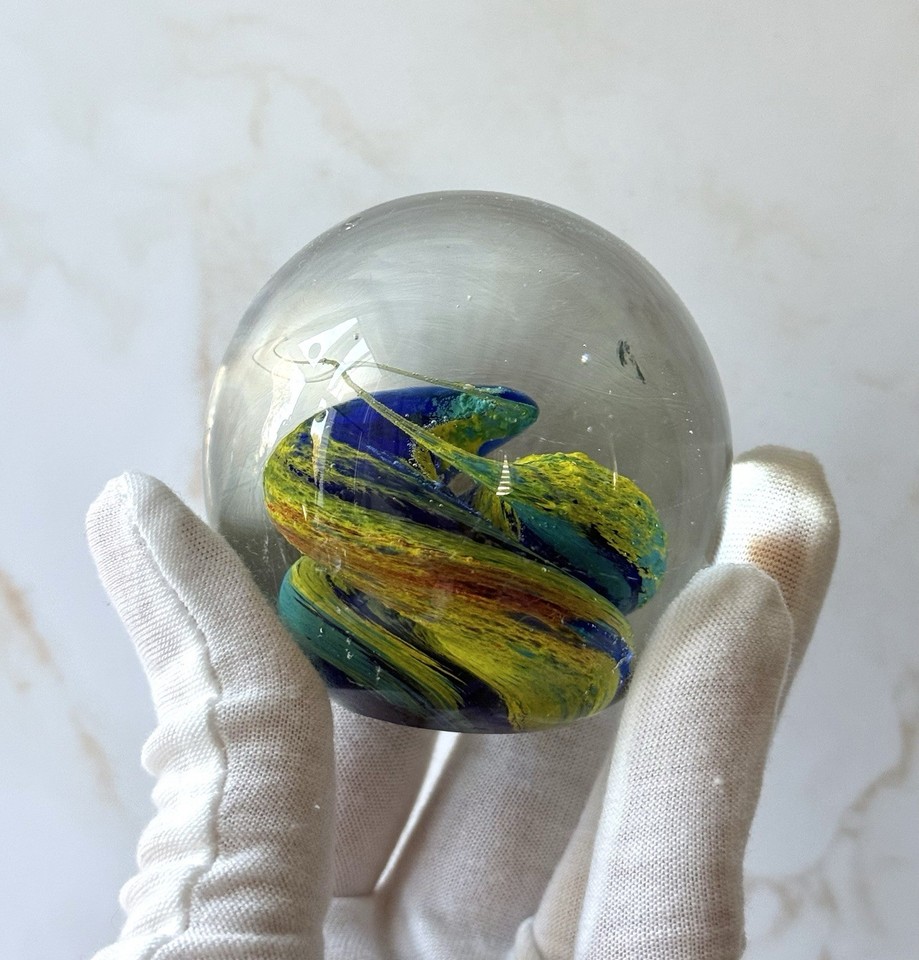 Vintage Art Glass Paperweight Abstract Swirl Blue Green Yellow Studio ...