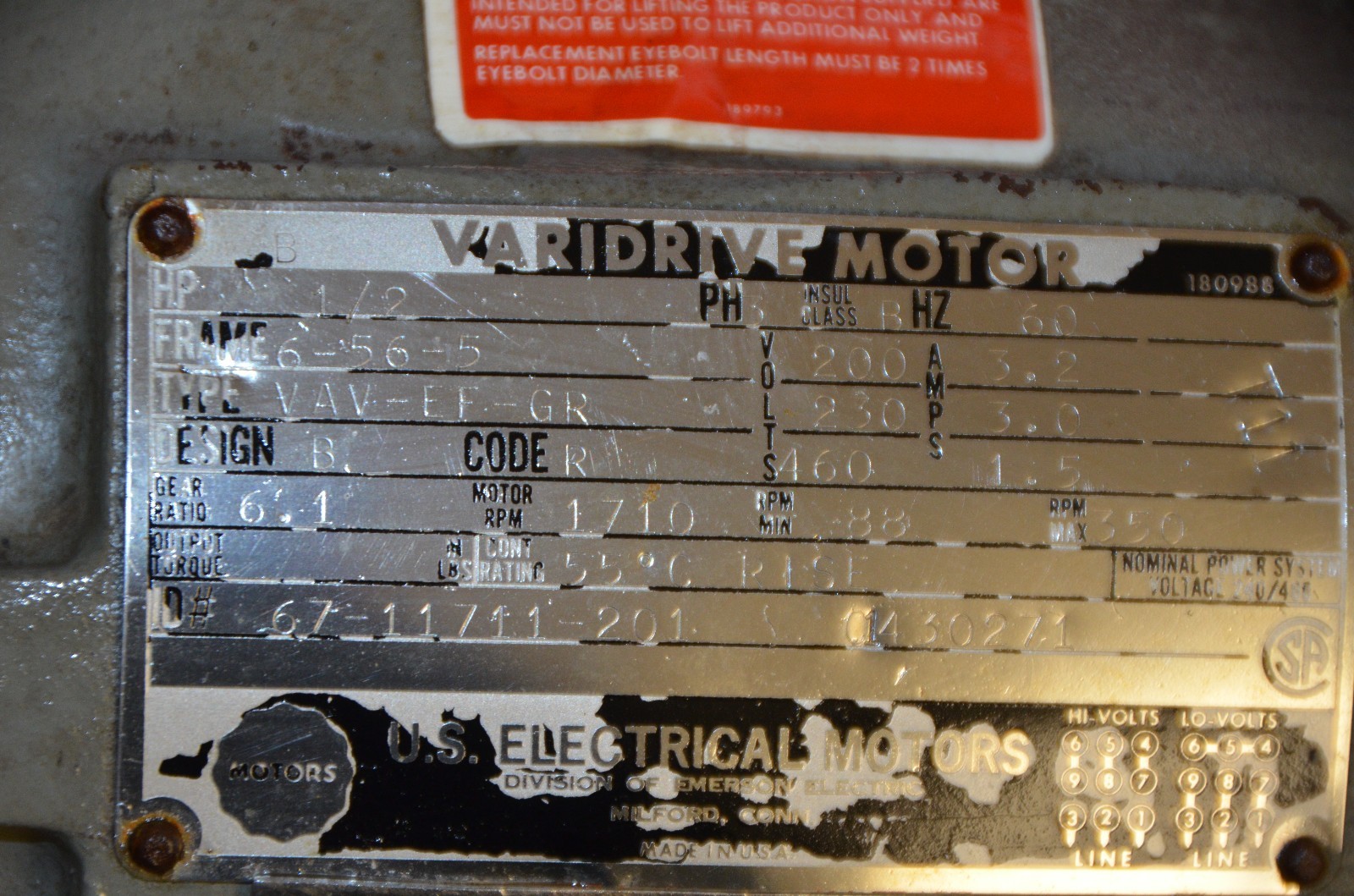 US Motors Varidrive VAV-EF-GR Gearmotor 1/2 HP 1710 RPM 6:1 Gear Ratio ...