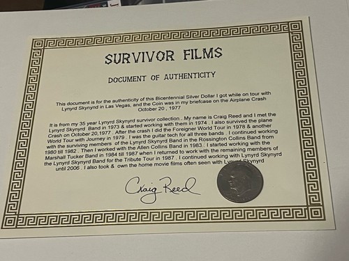Lynyrd Skynyrd Signed COA Craig Reed SILVER DOLLAR From Plane Crash 10 ...