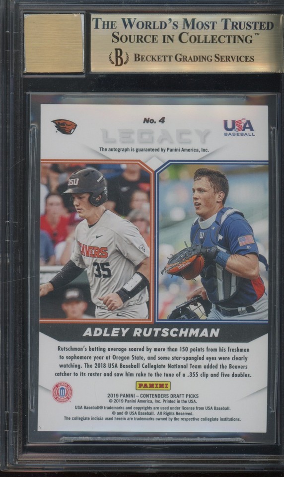 2019 Contenders Draft Picks Legacy Auto Adley Rutschman #4 23/23 BGS 9. ...