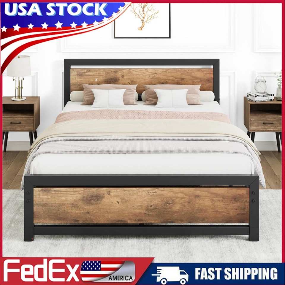 Full Queen King Size Bed Frame with Wooden Headboard Heavy Duty Metal ...
