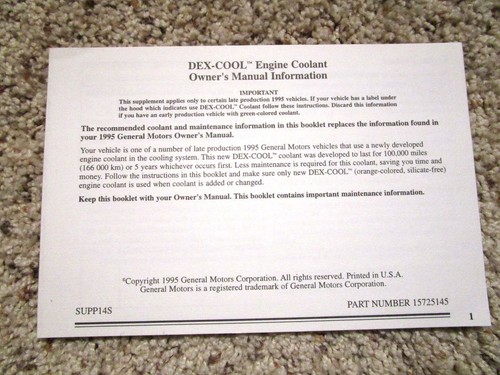 1995 Corvette ZR-1 and Base Factory GM Original Dex Cool Supplement ...