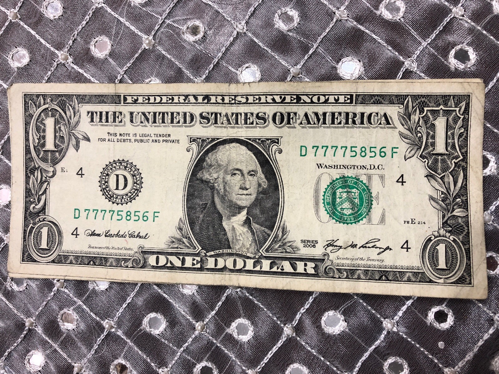 SOLID FIRST QUAD 7777 in $1 Dollar Bill, FANCY UNIQUE SERIAL NUMBER ...