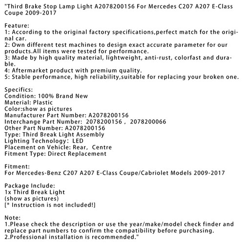 Third Brake Stop Lamp Light A2078200156 For Mercedes C207 A207 E-Class ...