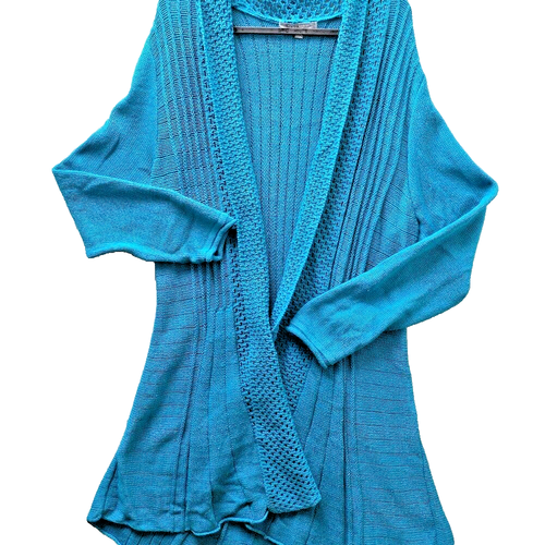 NY Collection Cardigan 1X Turquoise Open Front Knit Drape Hem Long ...