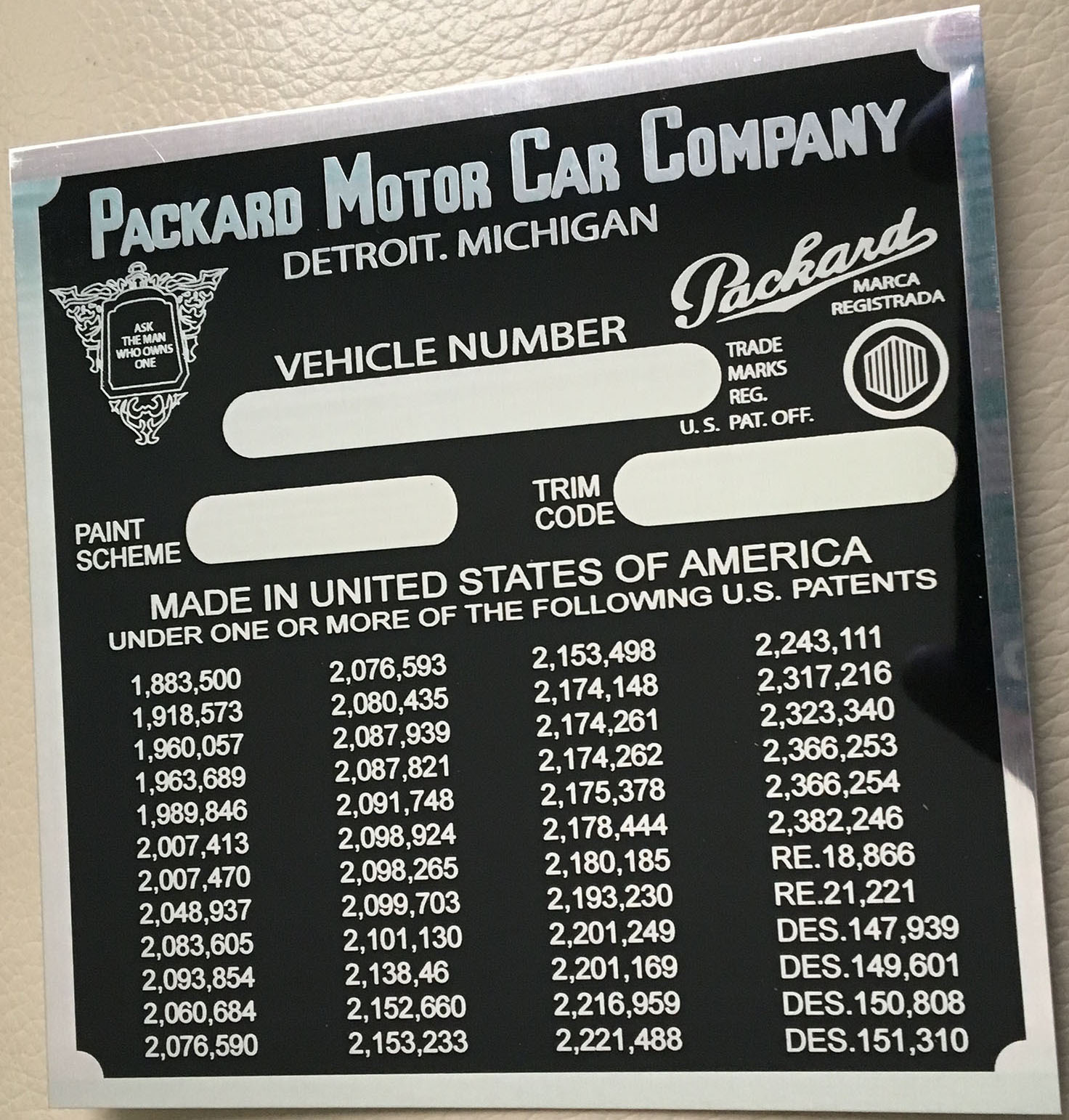 Packard Cowl Plate Tag 1950 ID Identification Data added free | eBay