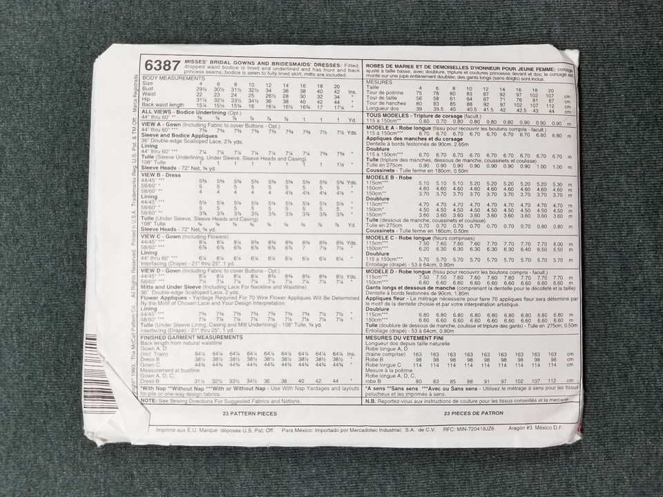 McCall's Pattern #6387 ~ Alicyn Bridal Bride Gown Dress ~ Misses 4 6 8 ...