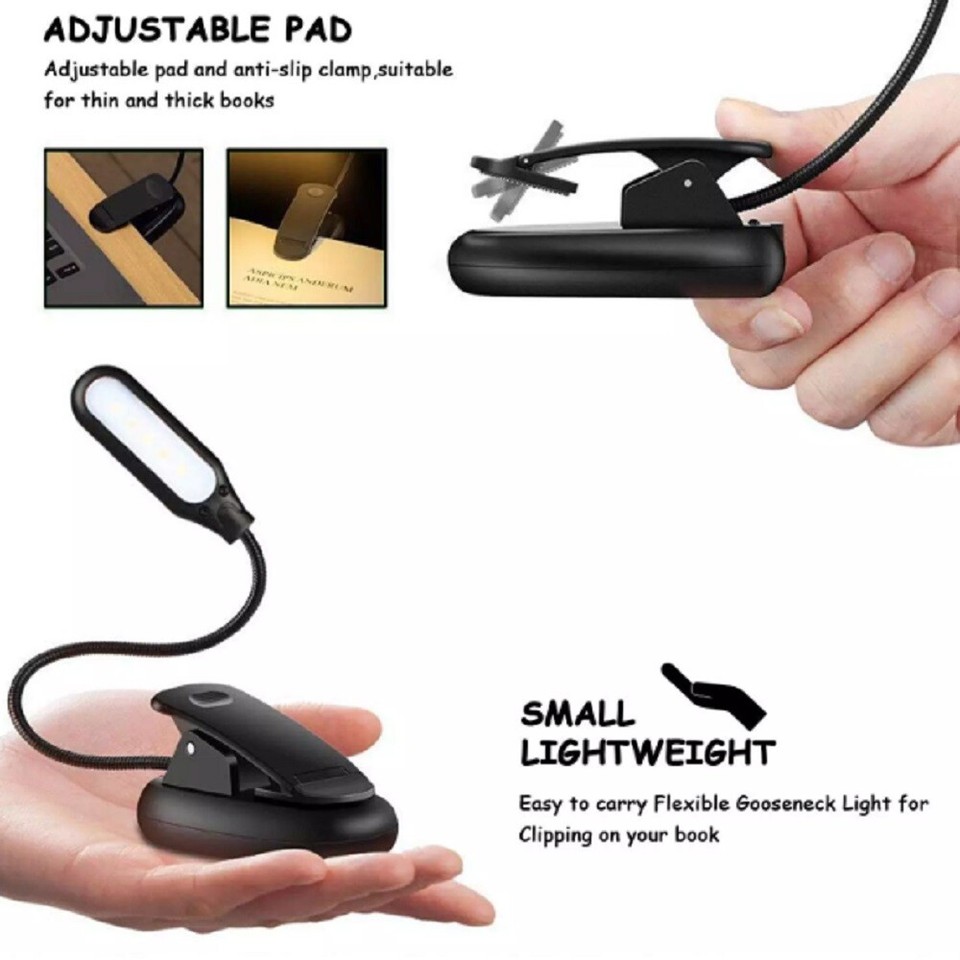 Mini LED Reading Book Light W/Flexible Clip USB Rechargeable Desk Table ...