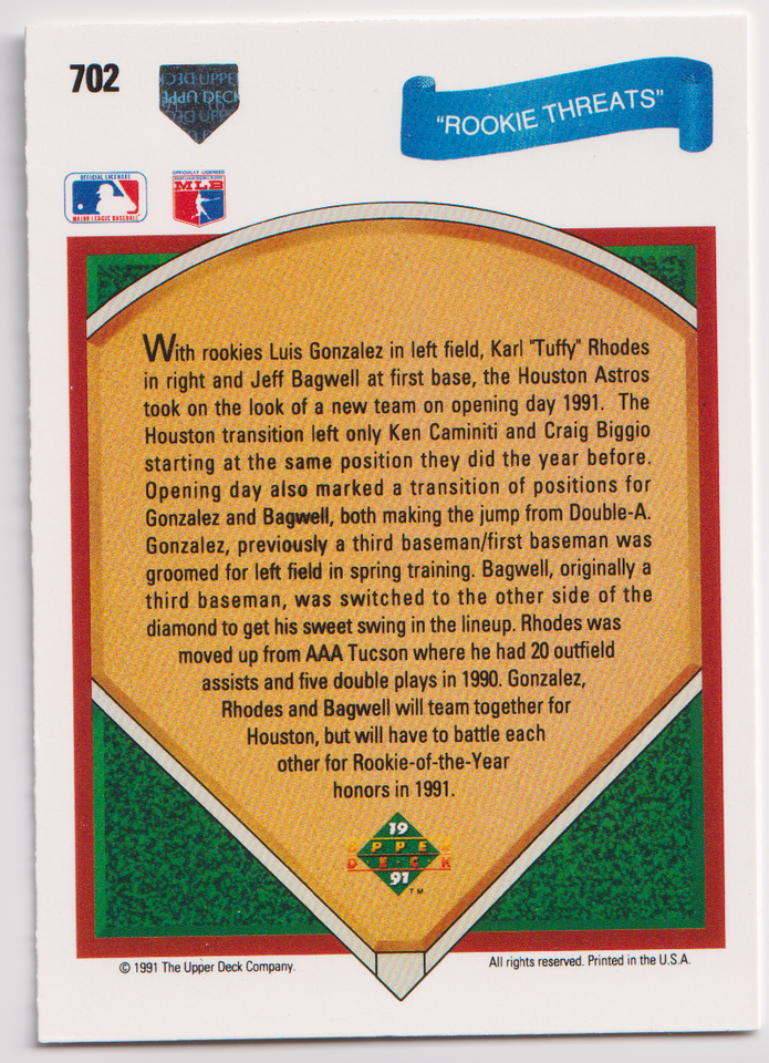 1991 Upper Deck #702 Rookie Threats Jeff Bagwell/Karl Rhodes/Luis ...
