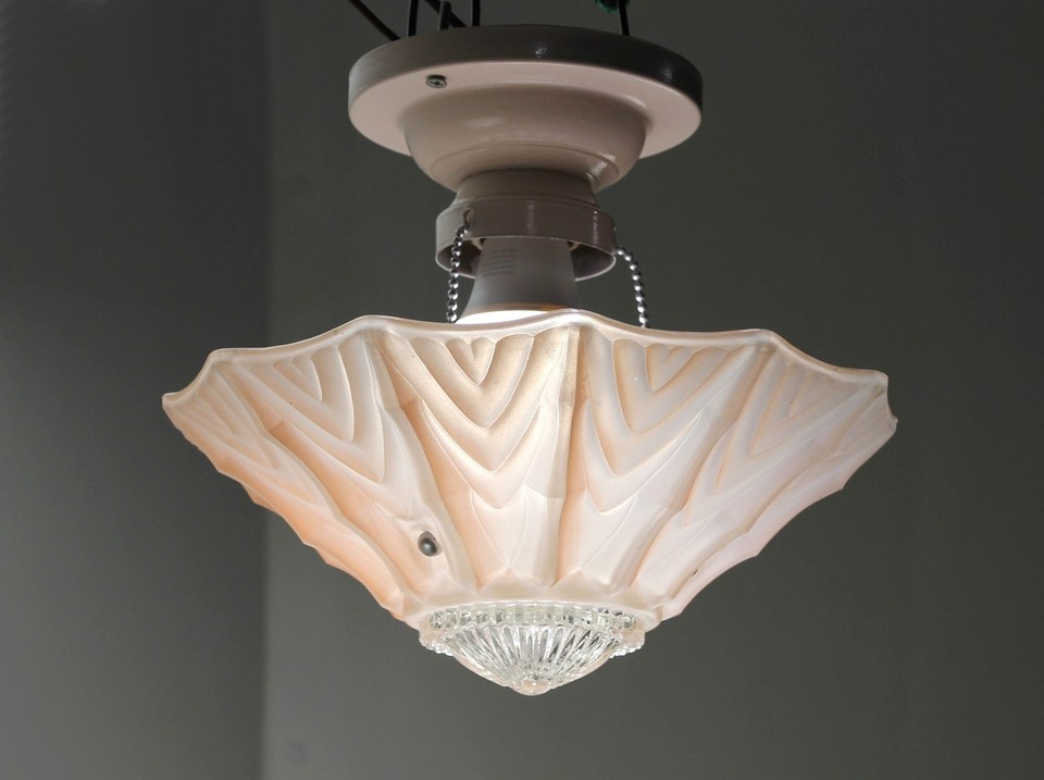 1940 Art Deco 3 Chain Ceiling Light Fixture Pendant Peach Pink Satin ...
