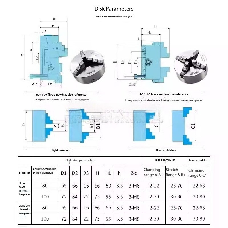 Mini Lathe Chuck Spindle Assembly 80 Four-Jaw 100 Three-Jaw Self ...
