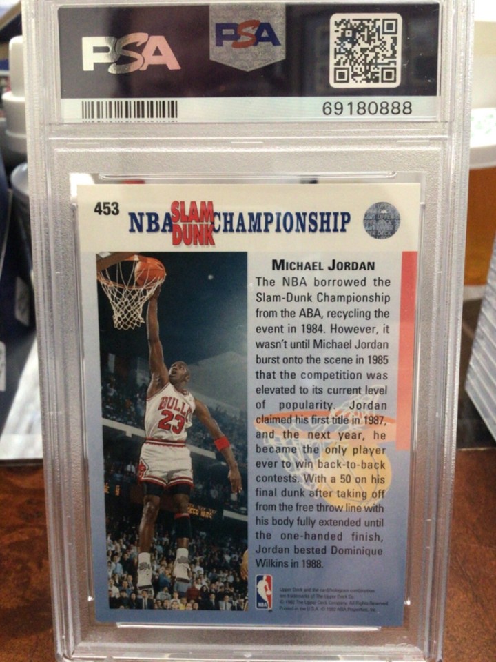 1992 Upper Deck #453 Michael Jordan Slam Dunk Champ Basketball Card PSA ...