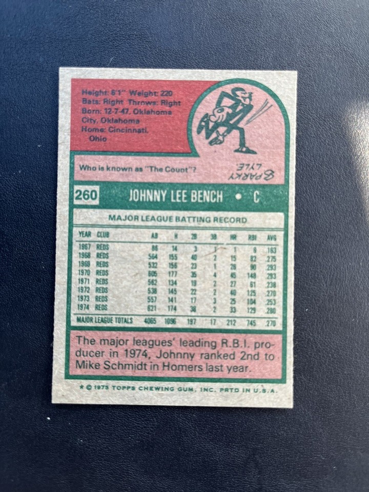 1975 TOPPS #260 JOHNNY BENCH HOF CIN REDS—POPULAR ISSUE💥*** (tgcs) | eBay
