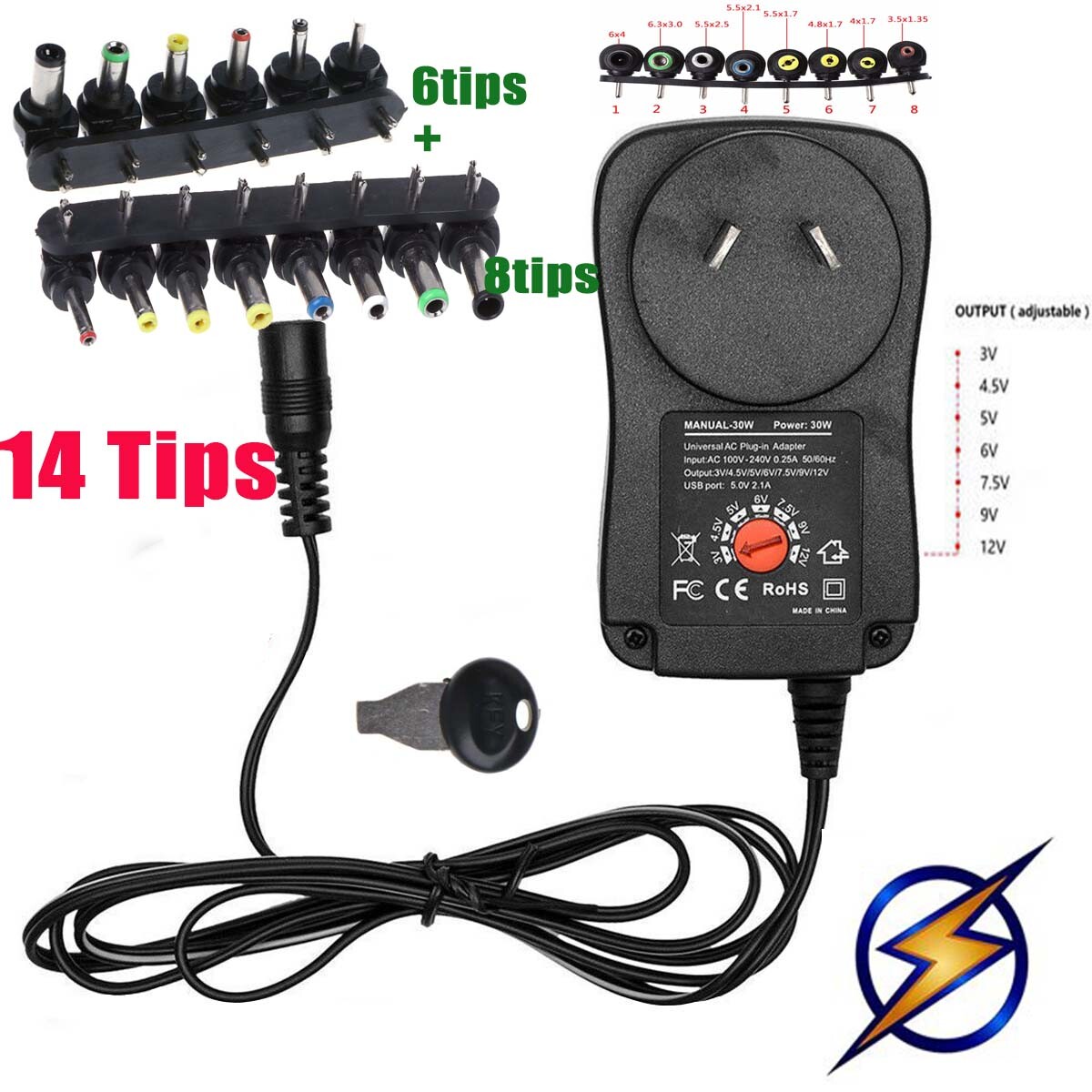 30W Universal Adjustable Plug-in-Wall Power Supply Adapter AC/DC 3V 5V ...