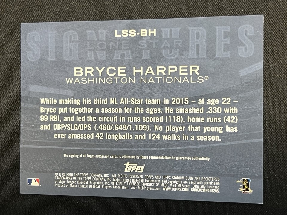 2016 Topps Stadium Club Bryce Harper Lone Star Signatures Gold Auto # ...