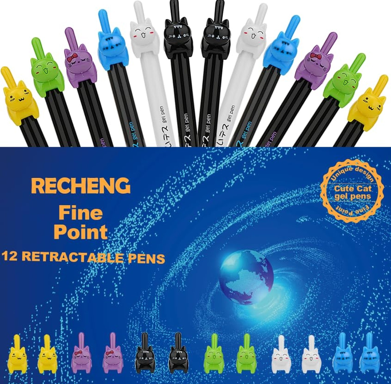 retractable cat gel pens,Fine Point 0.5mm black ink,Cute kitty fun ball ...