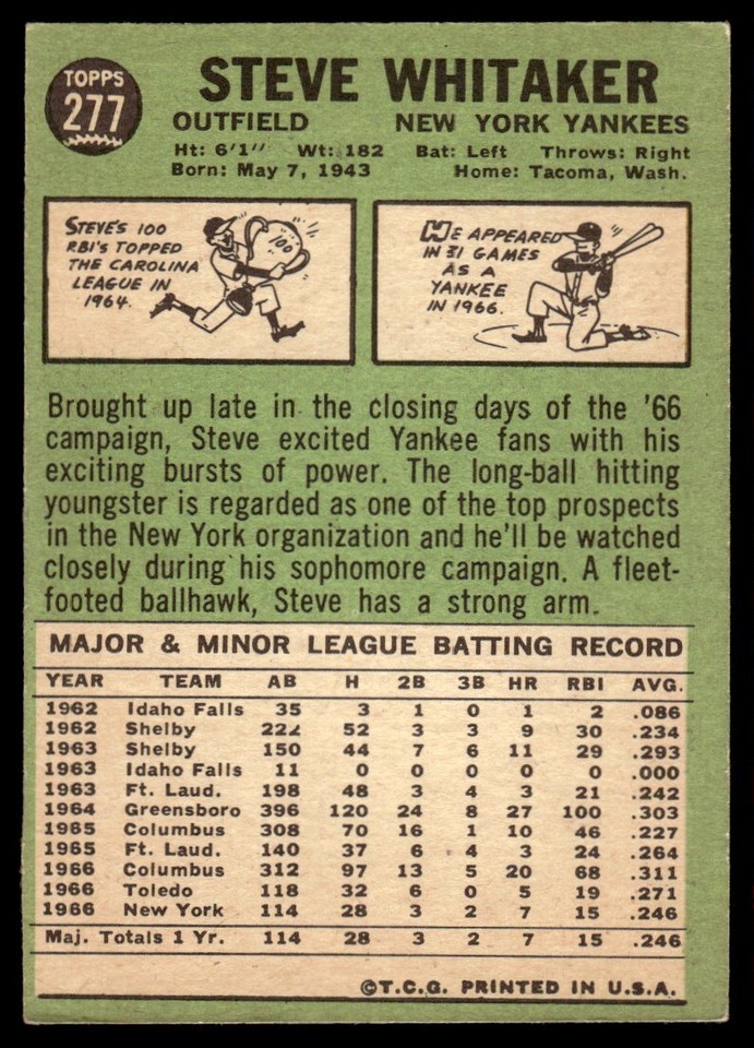 1967 Topps Baseball Steve Whitaker New York Yankees #277 EX-MT | eBay