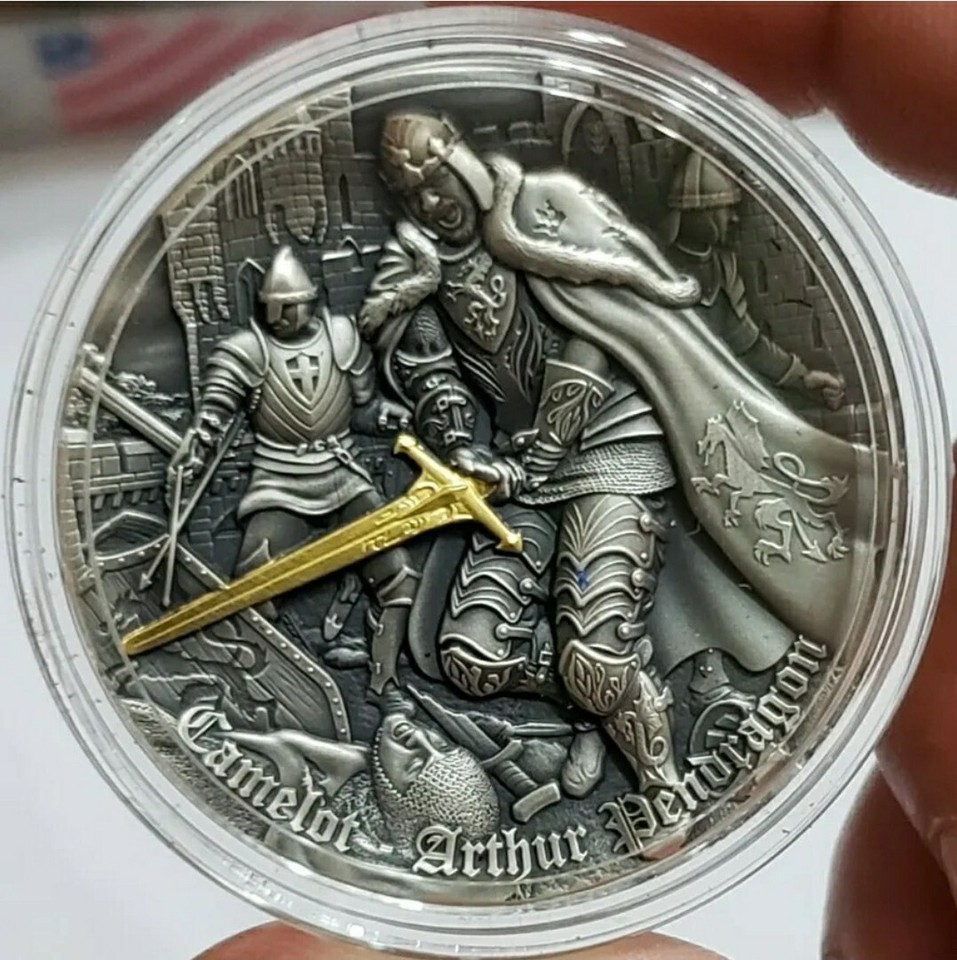 2021 2 Oz Silver $5 Niue Camelot ARTHUR PENDRAGON PCGS MS70 Gold Shield ...