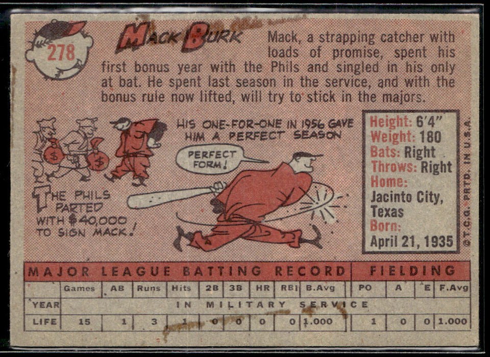 1958 Topps Mack Burk #278 Philadelphia Phillies None G/VG/EX | eBay