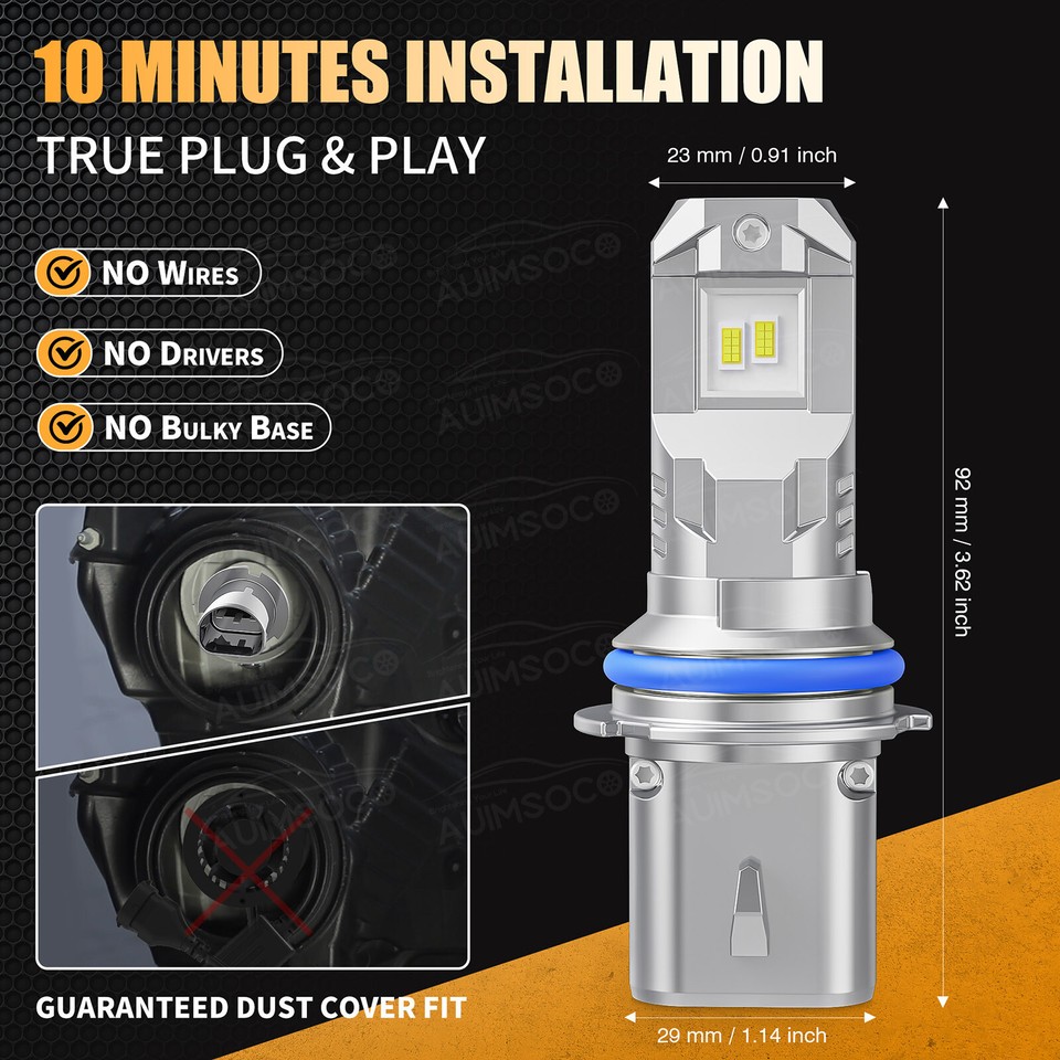 2PCS 9007 HB5 LED Front Light Bulbs 10000K High Low Beam White Super ...