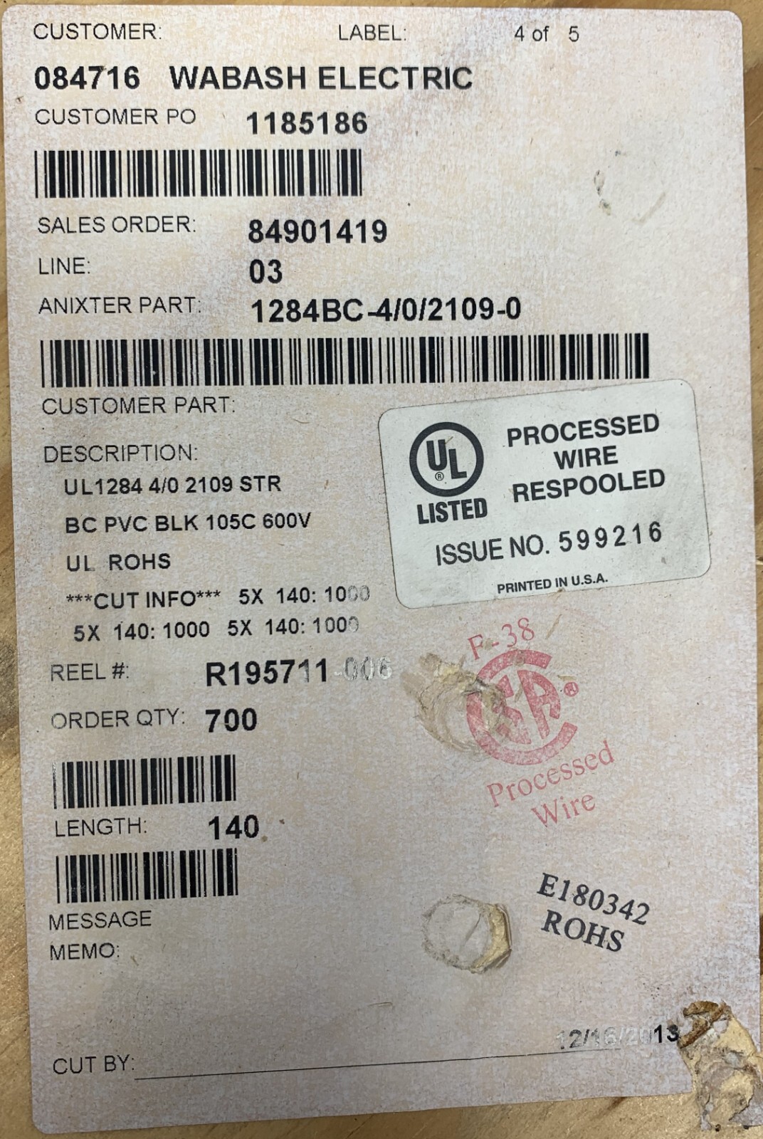 HOUSTON WIRE & CABLE 140FT. UL1284 4/0 2109 STR BC PVC BLK 105C 600V ...