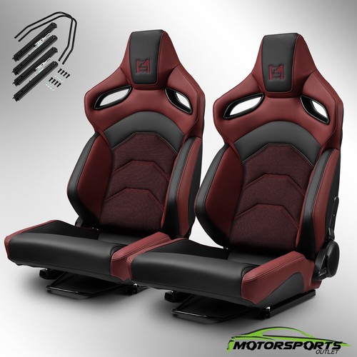 Universal Reclinable PVC Racing Seats Car Seat Pair Full Set w/Sliders ...