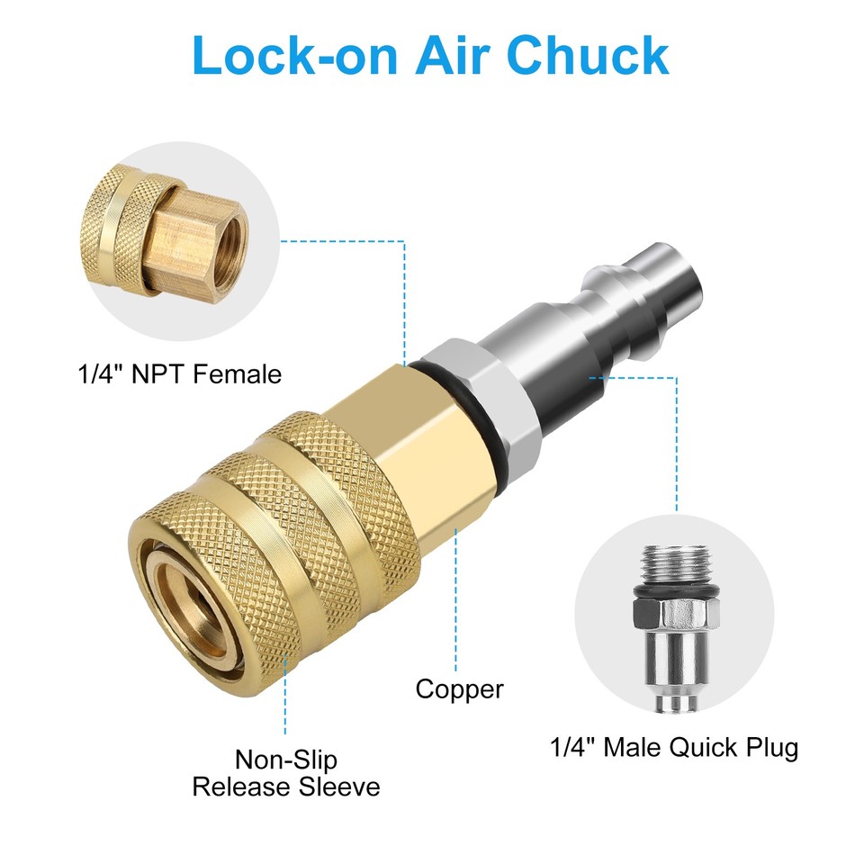 3PCS Brass Lock-On Air Chuck Set 1/4" NPT Female & Male Quick Plug for ...