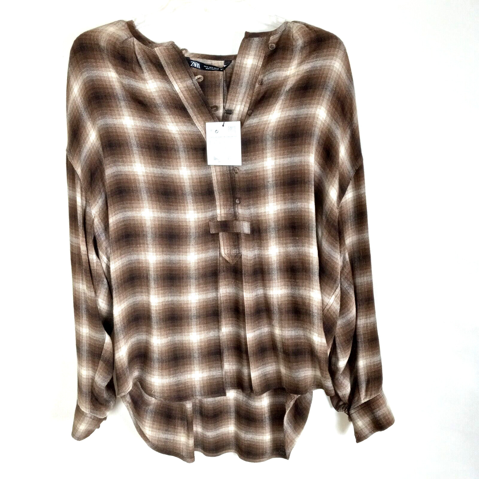 Zara Wool Blend Popover Top Womens Small Oversized Plaid Brown Hi Lo ...