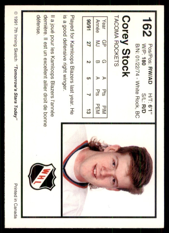 1991-92 7th Inning Sketch WHL Cory Stock IP Signed Auto Tacoma Rockets ...