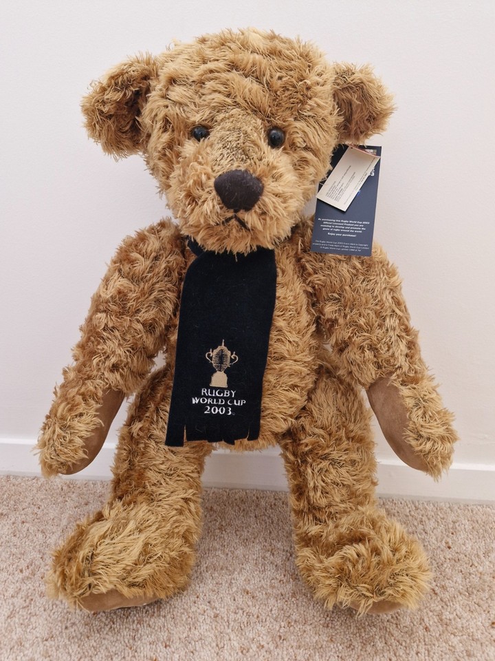 Russ Berrie bear. Sparse gold mohair, black scarf, Rugby World Cup 2003 ...