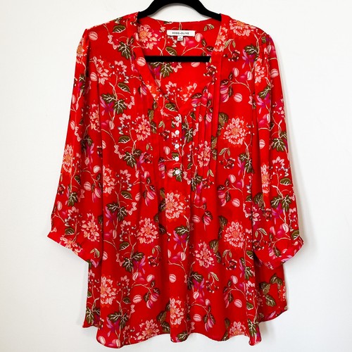 Rose & Olive 1/4 Button Popover Top 1X Red Floral Button Sleeve V Neck ...