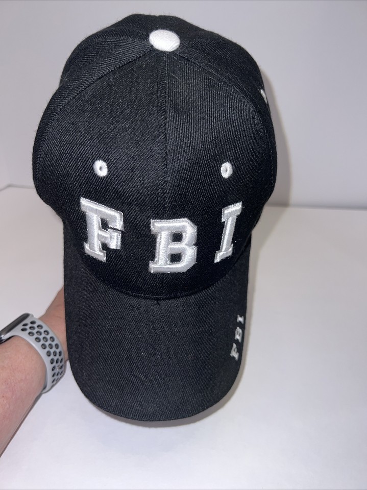 FBI Black Hat Cap w White Accents Hook Loop Unbranded White Bill Edge ...