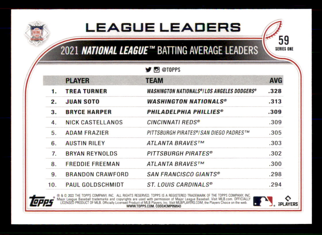 2022 Topps Baseball Gold Star Parallel #59 NL Batting AVG - Turner ...