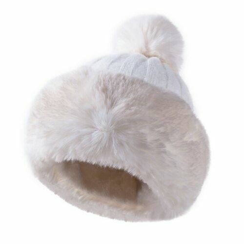 BEANIE HAT LUXURY WITH FAUX BOBBLE POM POM LINED LADIES FUR TRIM WINTER ...