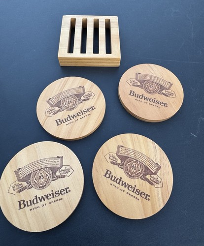 Set Of 4 Wooden Coasters BUDWEISER King Of Beers Round With Holder ...