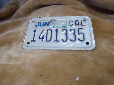 California Vintage Motorcycle License Plate, 14D1335 White/Blue Letters ...