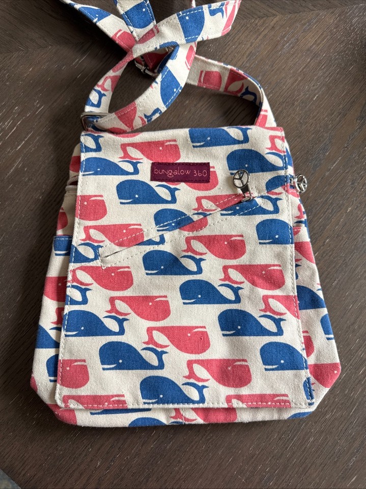 Bungalow 360 Cross Body Bag Blue/Red Whales Canvas Print Purse Boho | eBay