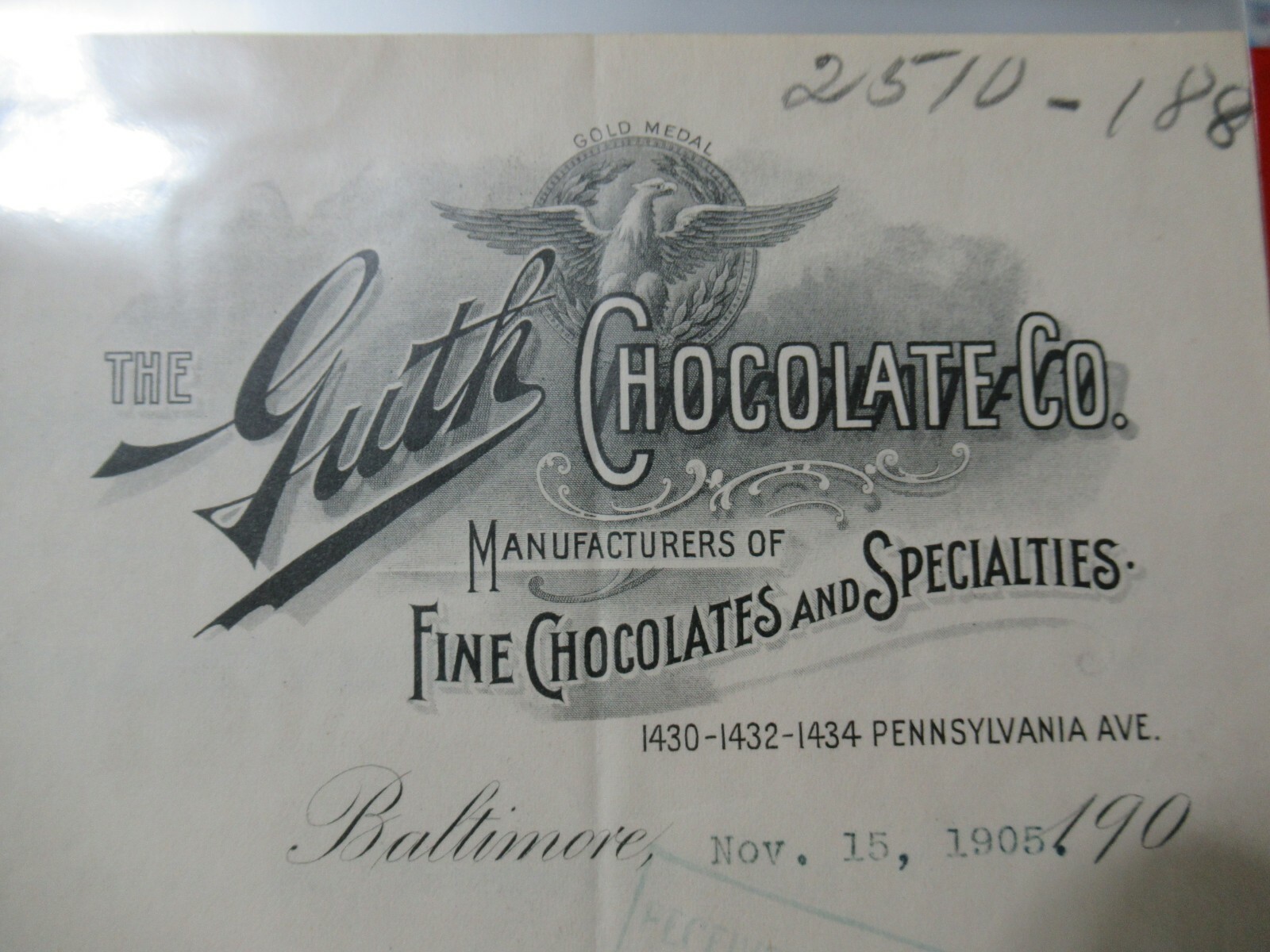 1905 Old Signed Document, Charles Guth Chocolate Co. Pennsylvania Ave ...