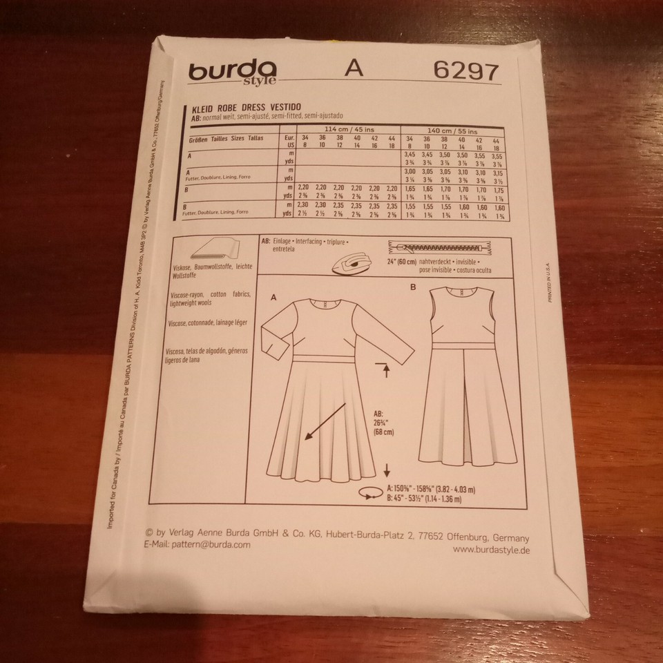 NEW/UNCUT 6297 Burda Pattern Misses Dresses 2 Variations (Size 8,10,12 ...