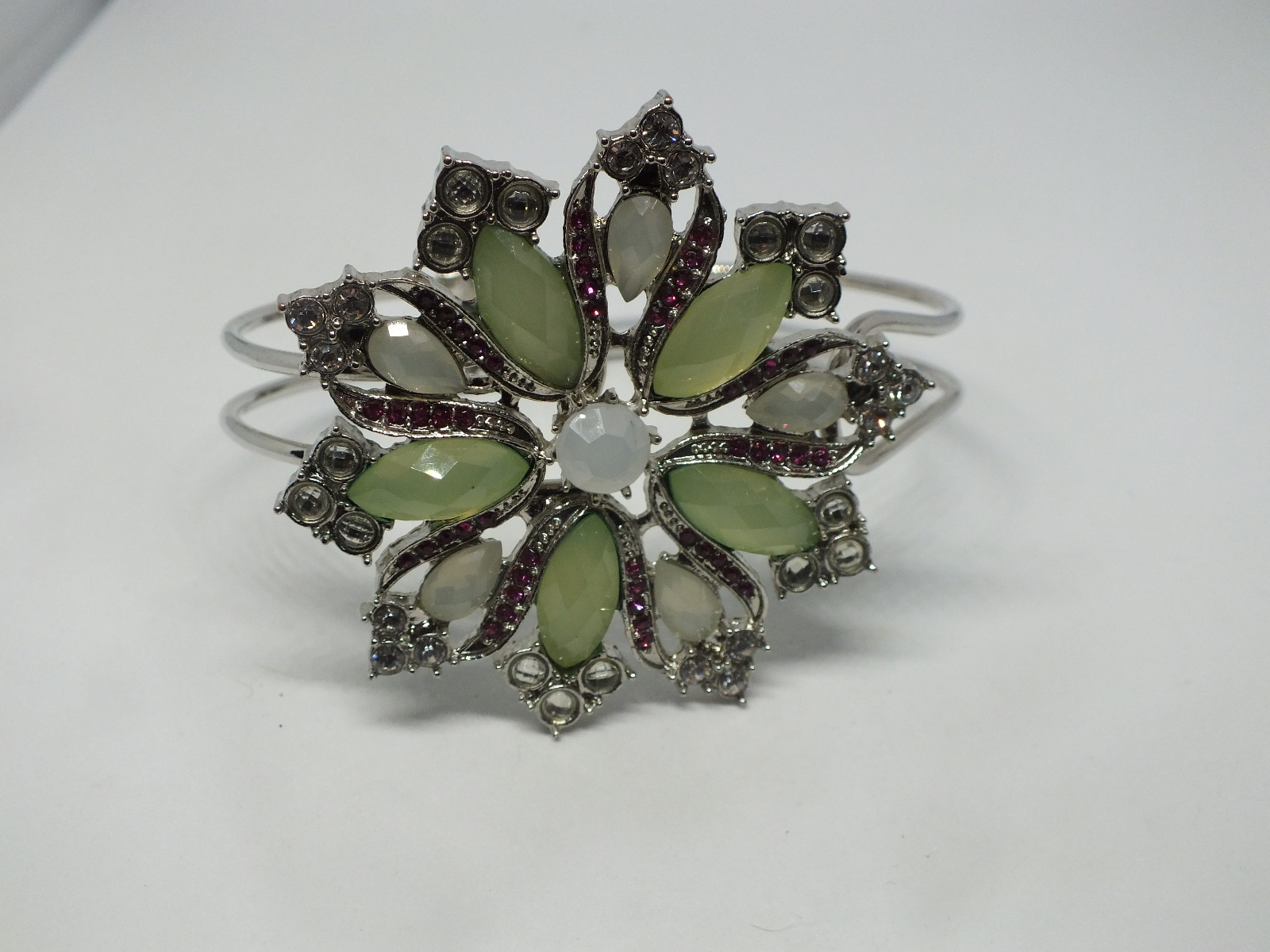 Beautiful Clamp Bracelet Silver Tone Rhinestones Cabochons 2" Wide x 2 ...