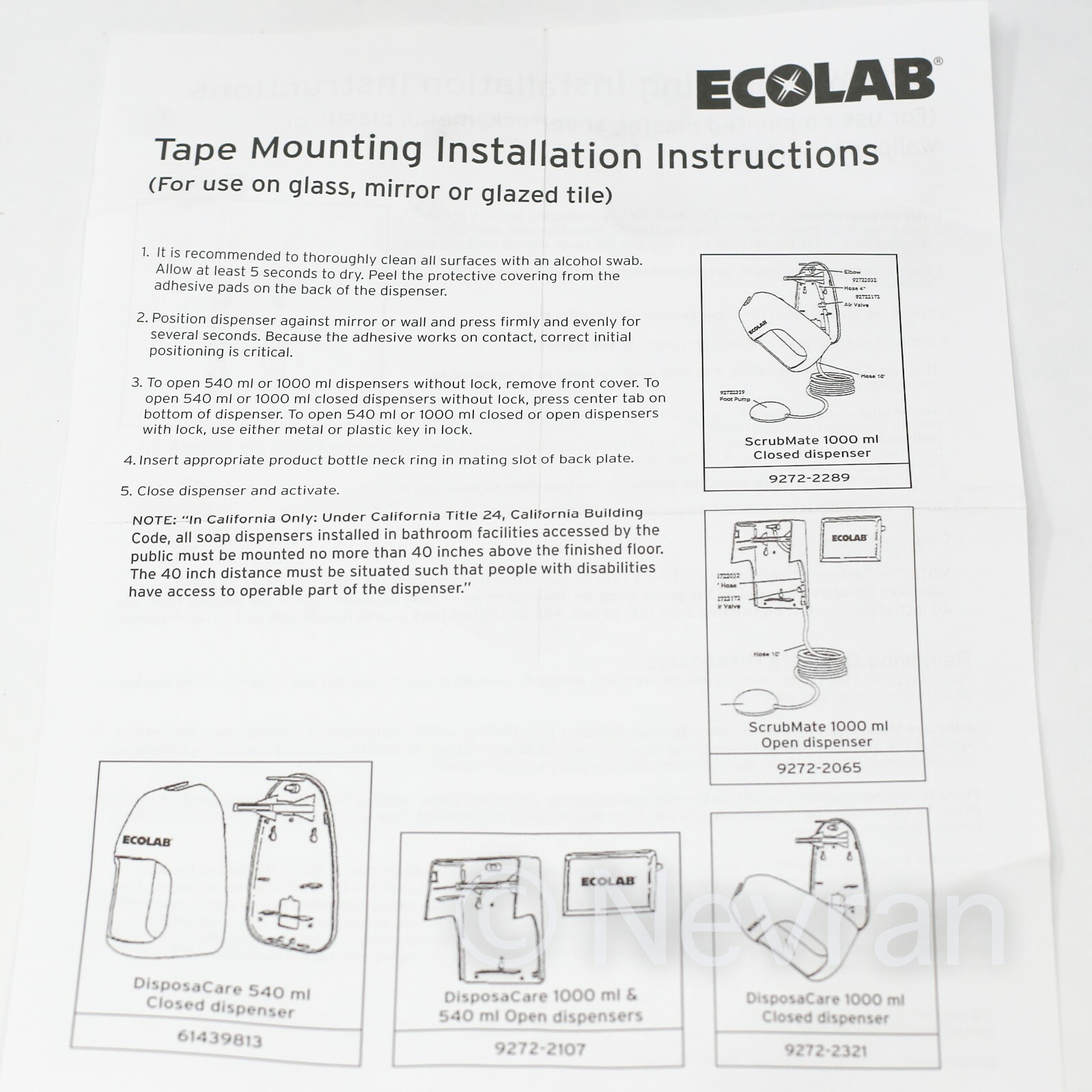 Ecolab DisposaCare Soap Dispenser Wall Mount Enclosed System for 540ml ...