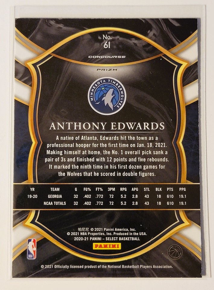 2020 21 Select Blue Prizm #61 Anthony Edwards Rookie Card Minnesota ...