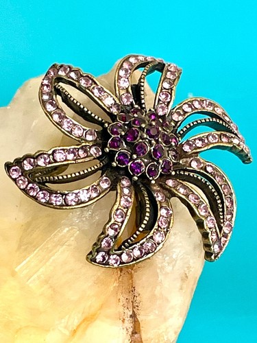 Vtg Pink Purple Rhinestone Antiqued Gold Tone Open Petals Flower Brooch #A648 | eBay