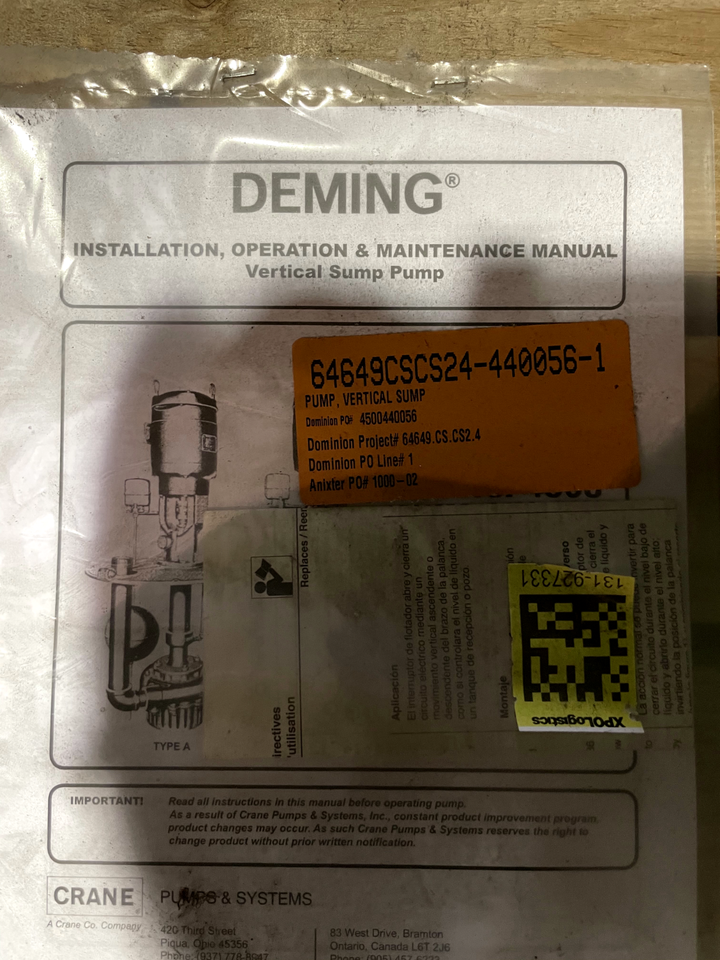 Sump Pump Deming 4508 Vertical 1-1/16 S 133050640 Imp Dia 7.00 1HP ...