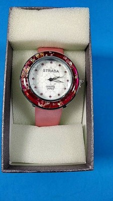 Strada Watch Quartz Red Stones Japan Pink Wrist Band Red Gold Circle ...