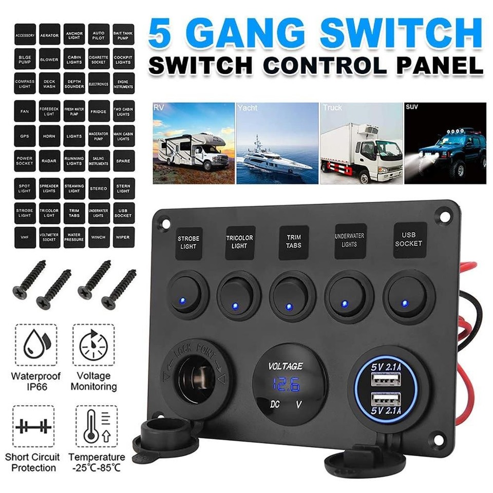 5 Gang Marine Rocker Switch Panel ON-Off Toggle Switch Panel Waterproof ...