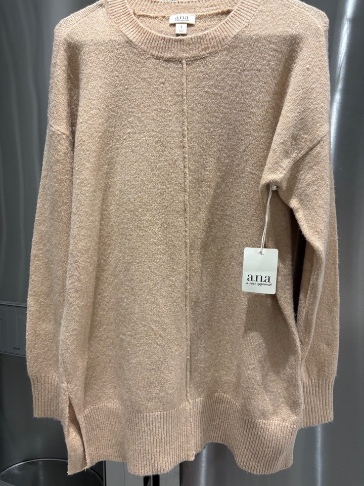 ANA Womens Size Small Camel Round Neck Long Sleeve Side-slit Sweater ...